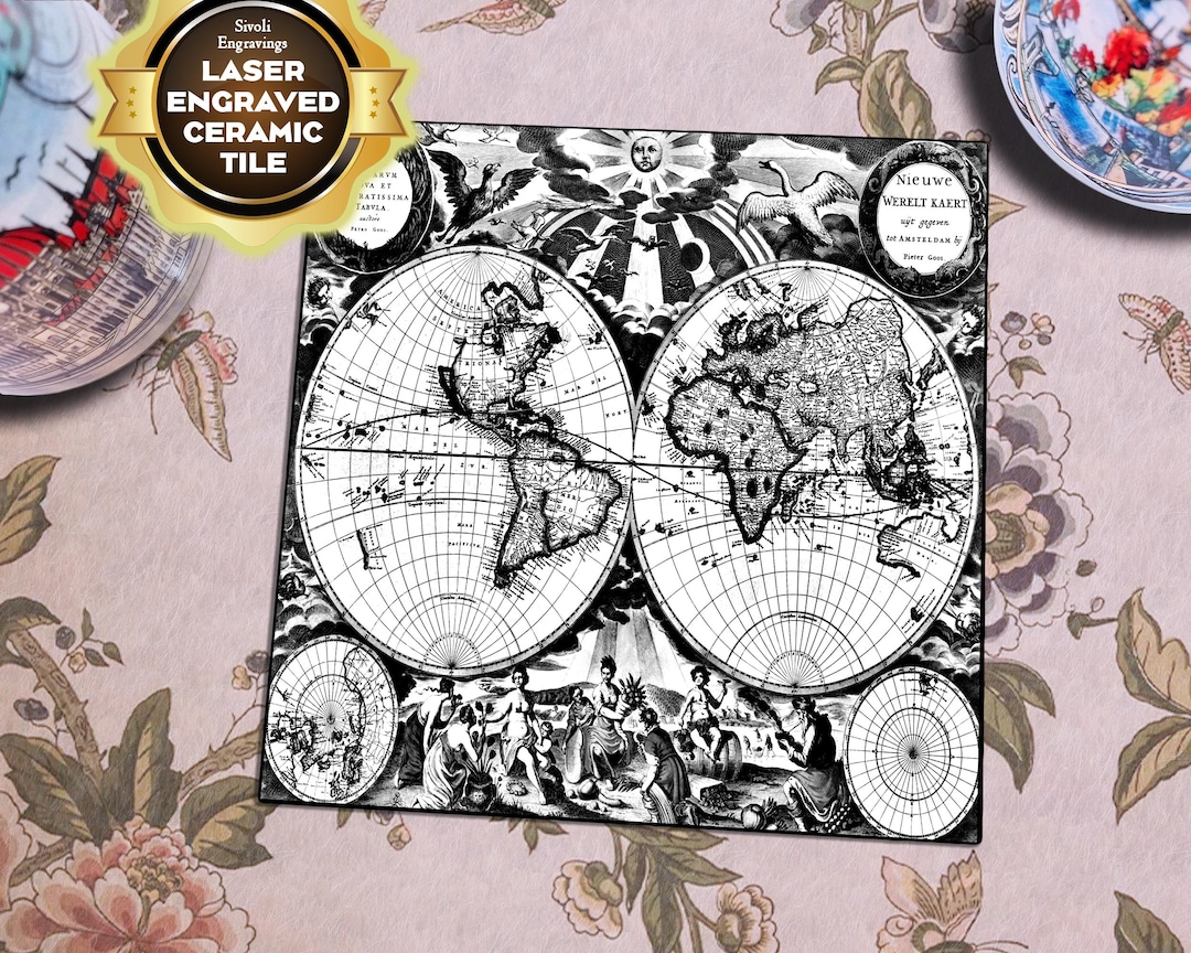 Vintage Map of the World Laser Engraved Tile Historical Maps Home Old ...