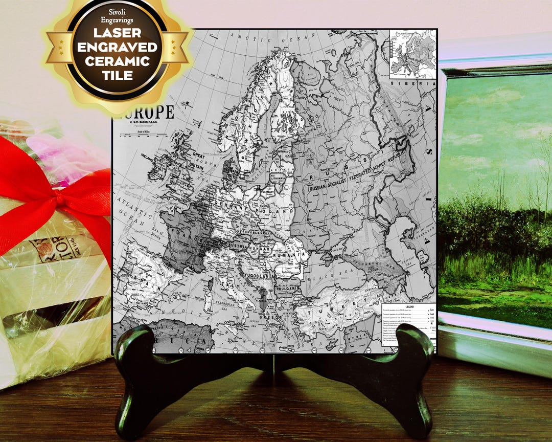 Vintage Map of 1920s Europe Laser Engraved Tile Historical Maps Home ...