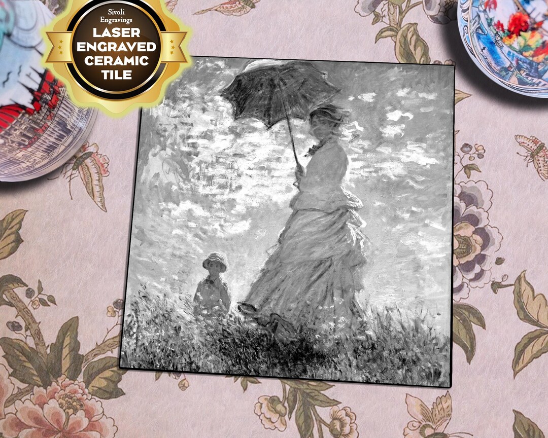 Woman With a Parasol by Claude Monet Vintage Painting Laser Engraved Tile Nature Home Decoration ...