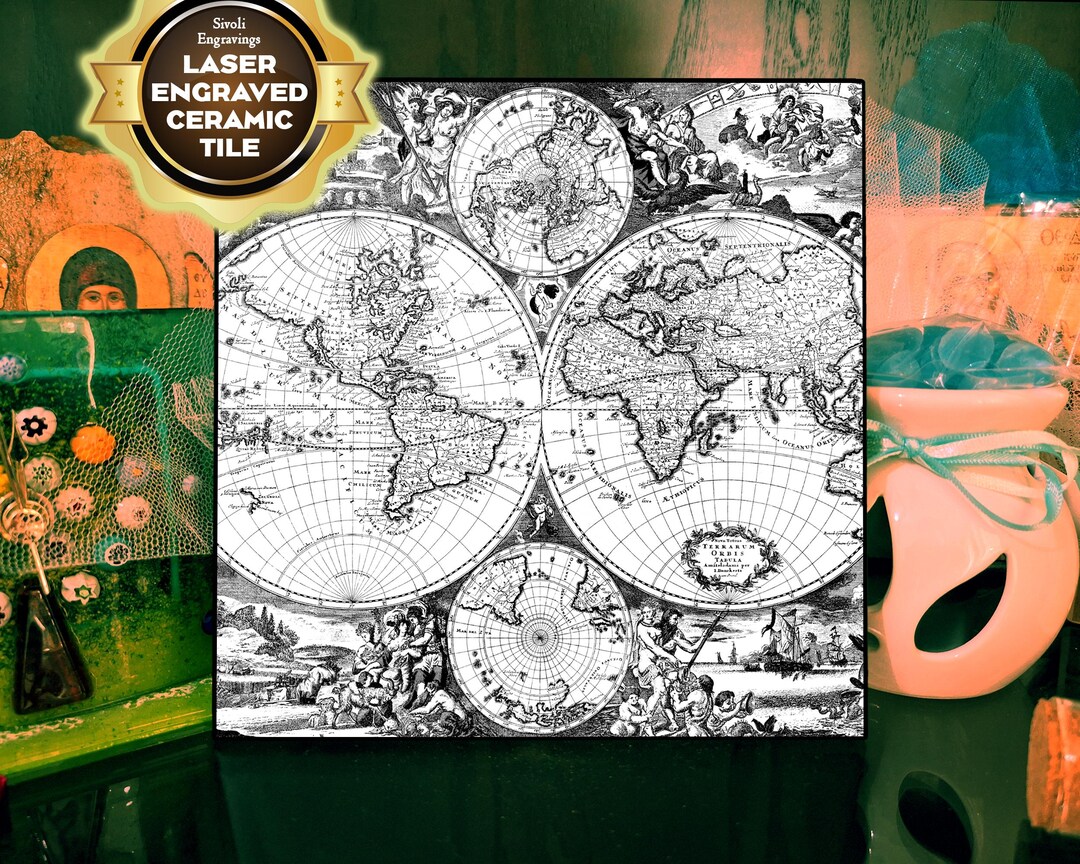 Vintage Map of the World Laser Engraved Tile Historical Maps Home Old ...