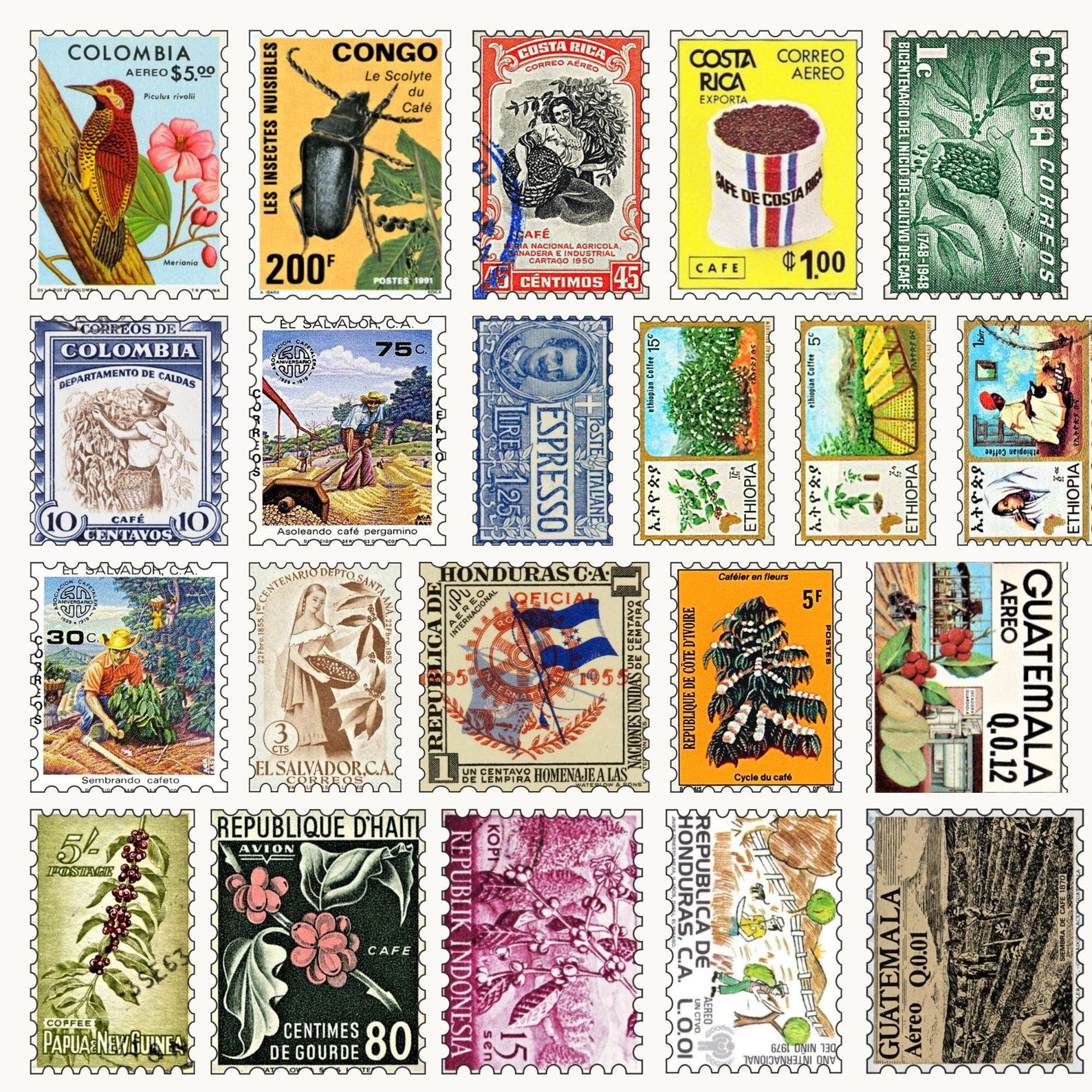 Printable Postage Stamps Sticker Pack of Coffee Producing - Etsy