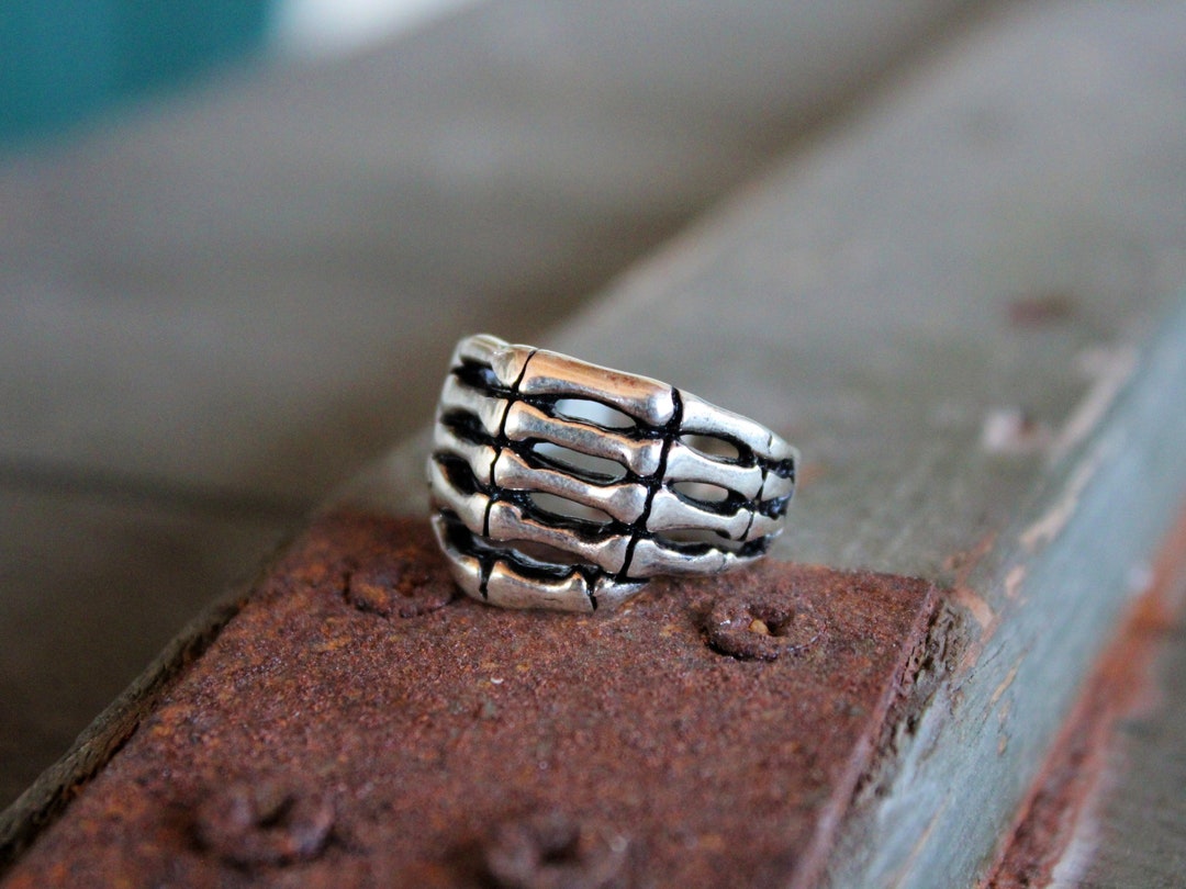 Hand Skull Sterling Silver Ring, Skeleton Hand Jewelry for Helloween, Hippie Biker Ring, Gothic ...