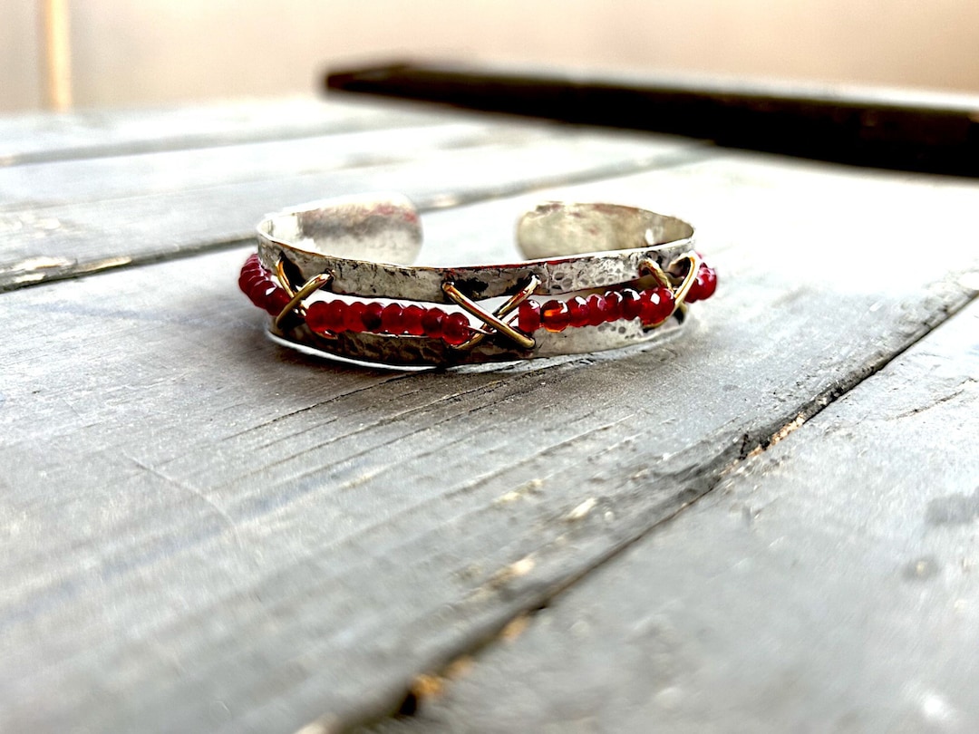Cool Natural Ruby Stone Jewelry for Men, Beaten Silver Bracelet With ...