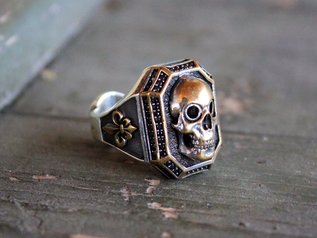 Punk Golden Skull Sterling Silver Biker Ring, Skull Ring With Stones ...