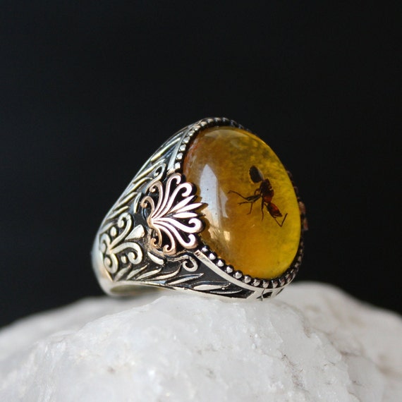 Ant Amber Men Ring Ant Fossil Amber Stone Silver Ring | Etsy