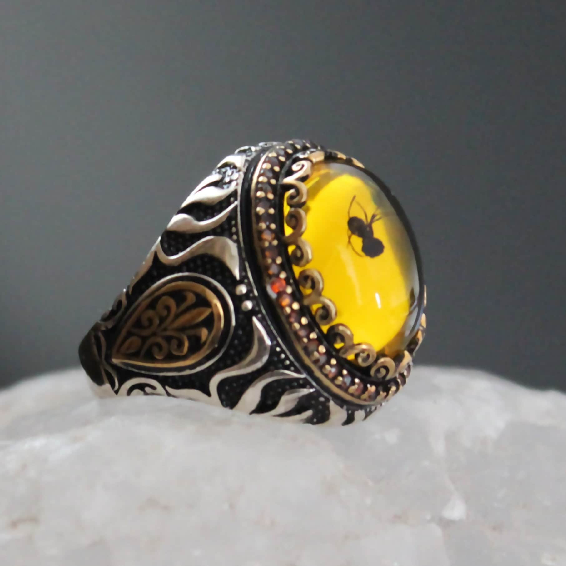 Ant Amber Men Ring Ant Fossil Amber Stone Silver Ring - Etsy