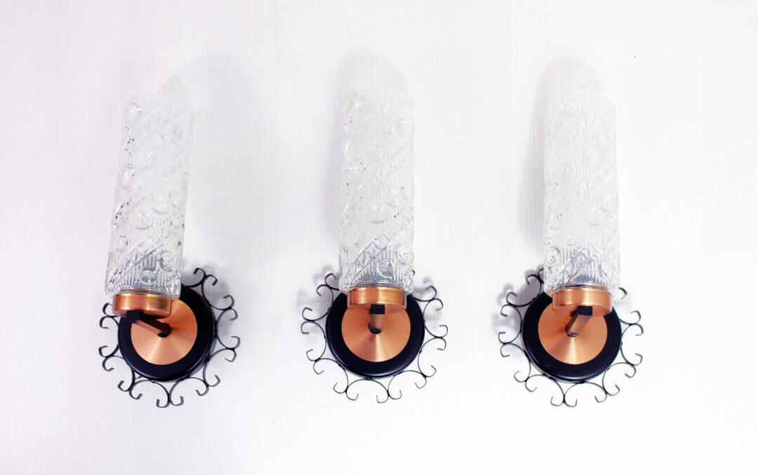 Set of 3 70s Wall Lights in Metal, Copper and Glass - Etsy
