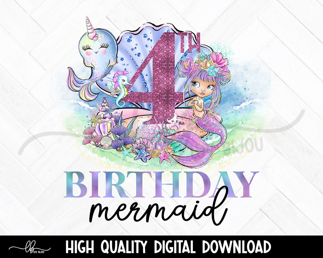 4th Birthday Mermaid, 4th Birthday Girl Png, Mermaid Party Tshirt ...