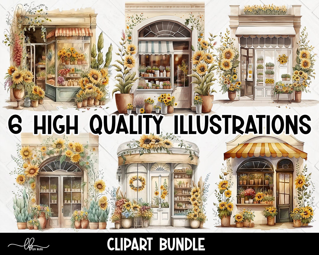 Cute Sunflower Shop Watercolor Clipart, Flower Shop Illustrations ...
