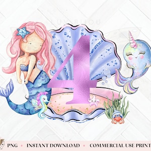 4th Birthday Mermaid PNG, Cute Mermaid PNG, Mermaid Birthday PNG, Under ...