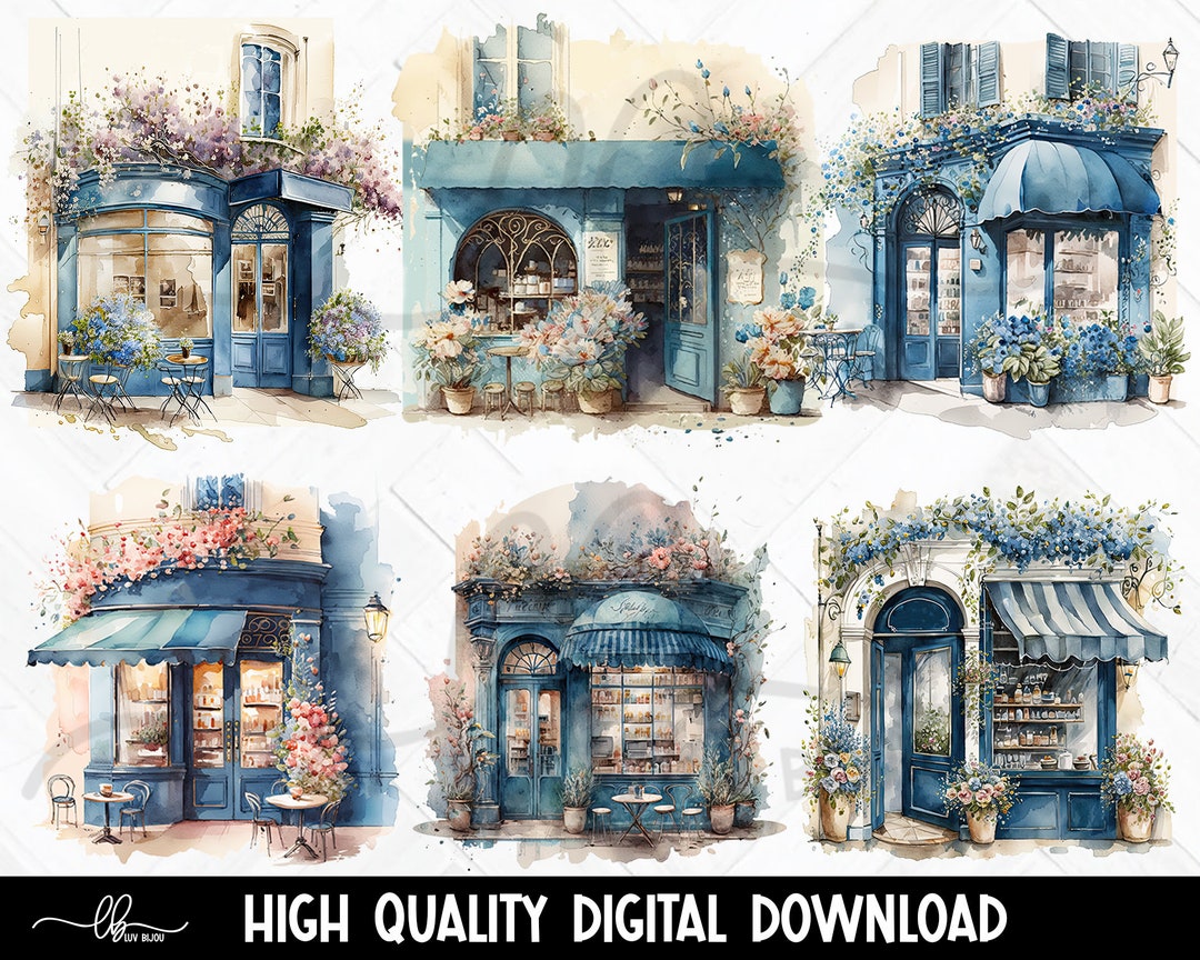 Watercolor Clipart, Blue and Cream Coffee Shop Illustrations, Chic ...
