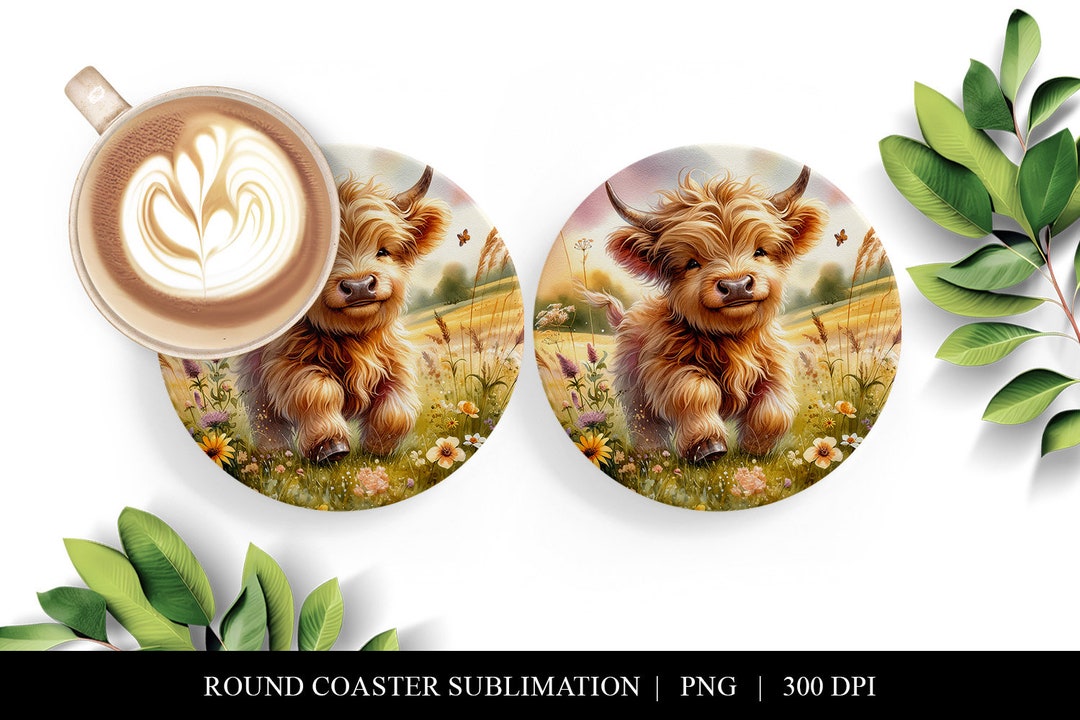 Adorable Highland Cow Coffee Art Round Coaster Design, Shaggy Cow ...