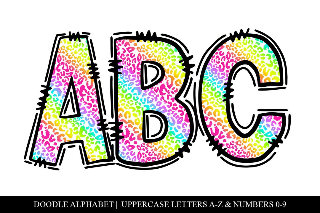 Cheetah Print Doodle Letters, Rainbow PNG Alphabet for Sublimation ...