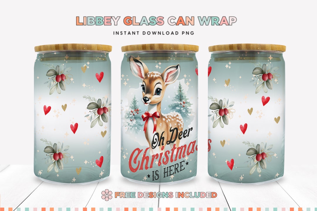 Retro Christmas Deer Libbey Glass Can PNG Sublimation Design (digital ...