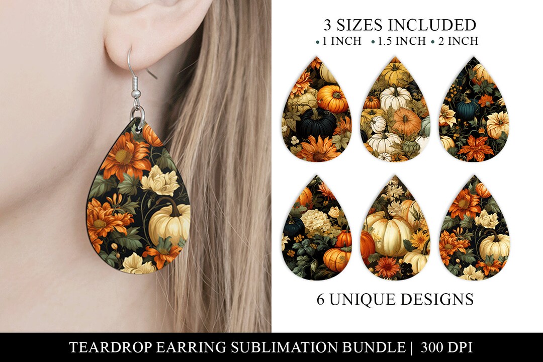 Fall Earring Sublimation, Pumpkin Teardrop Earring PNG, Watercolor ...