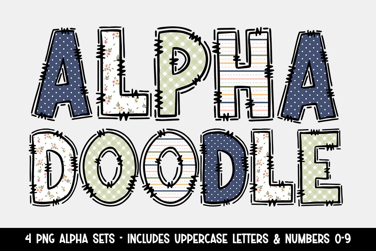 Patterned Doodle Alphabet PNG Bundle: Polka Dot & Striped Letters ...