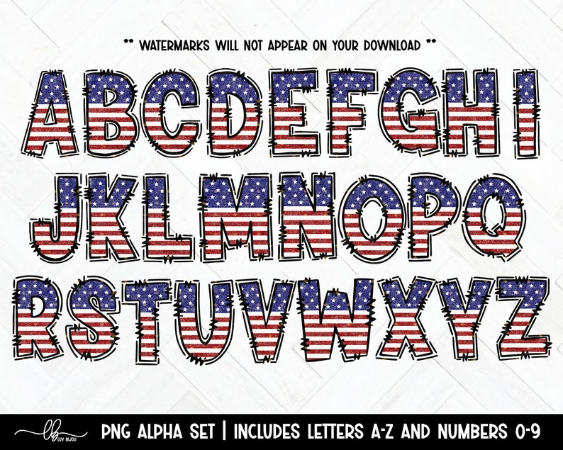 Glitter American Flag Doodle Letters Independence Day Hand - Etsy