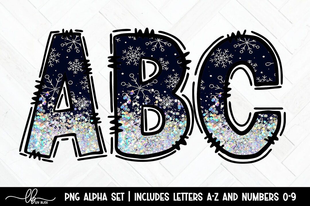 Glitter Snowflake Doodle Letters & Numbers: Winter Font Clipart (PNG ...