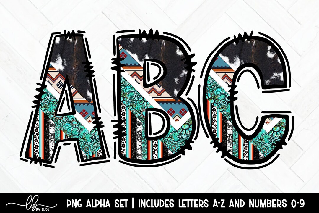 Western Alphabet, Cow Print Doodle Alphabet Clipart, Sublimation Design ...