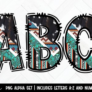 Western Alphabet, Cow Print Doodle Alphabet Clipart, Sublimation Design ...