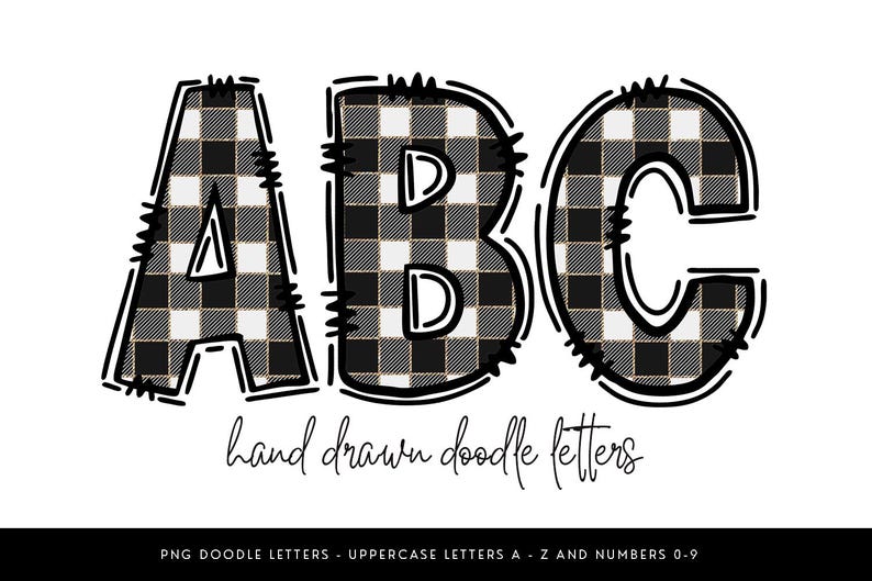 Buffalo Plaid Doodle Alphabet PNG: Hand-drawn Farmhouse Font (digital ...