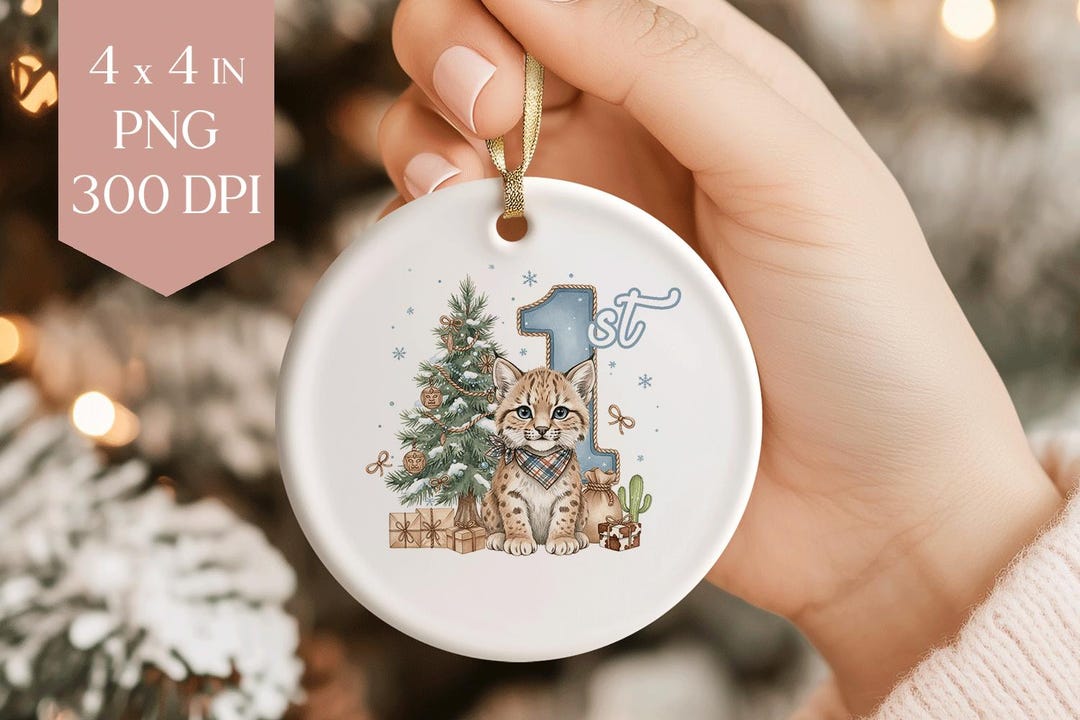 Bobcat 1st Christmas Ornament PNG, Wild Cat Sublimation Design, Baby ...