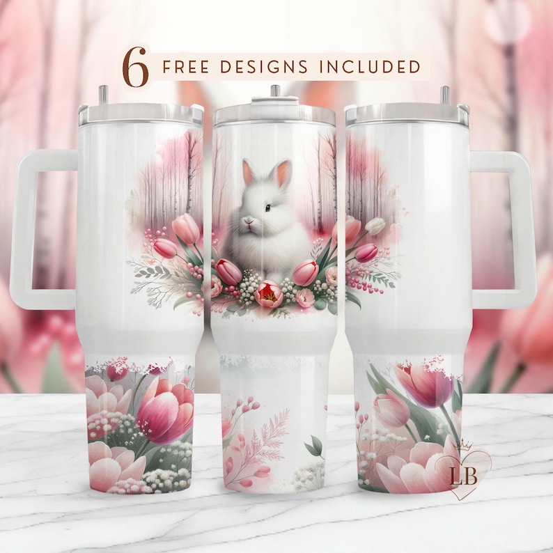 Bunny Tumbler Wrap Sublimation Design: Spring Flowers (40oz Digital ...