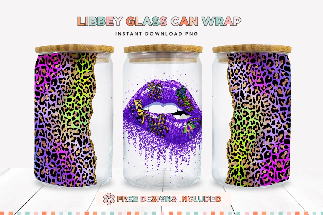 Mardi Gras 16oz Libbey Glass Can Wrap, Neon Leopard Print Glitter Drip ...