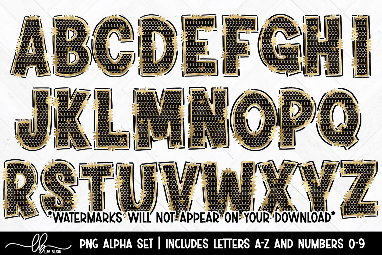Black & Gold Honeycomb Doodle Alpha, PNG Alphabet Letters Bundle ...