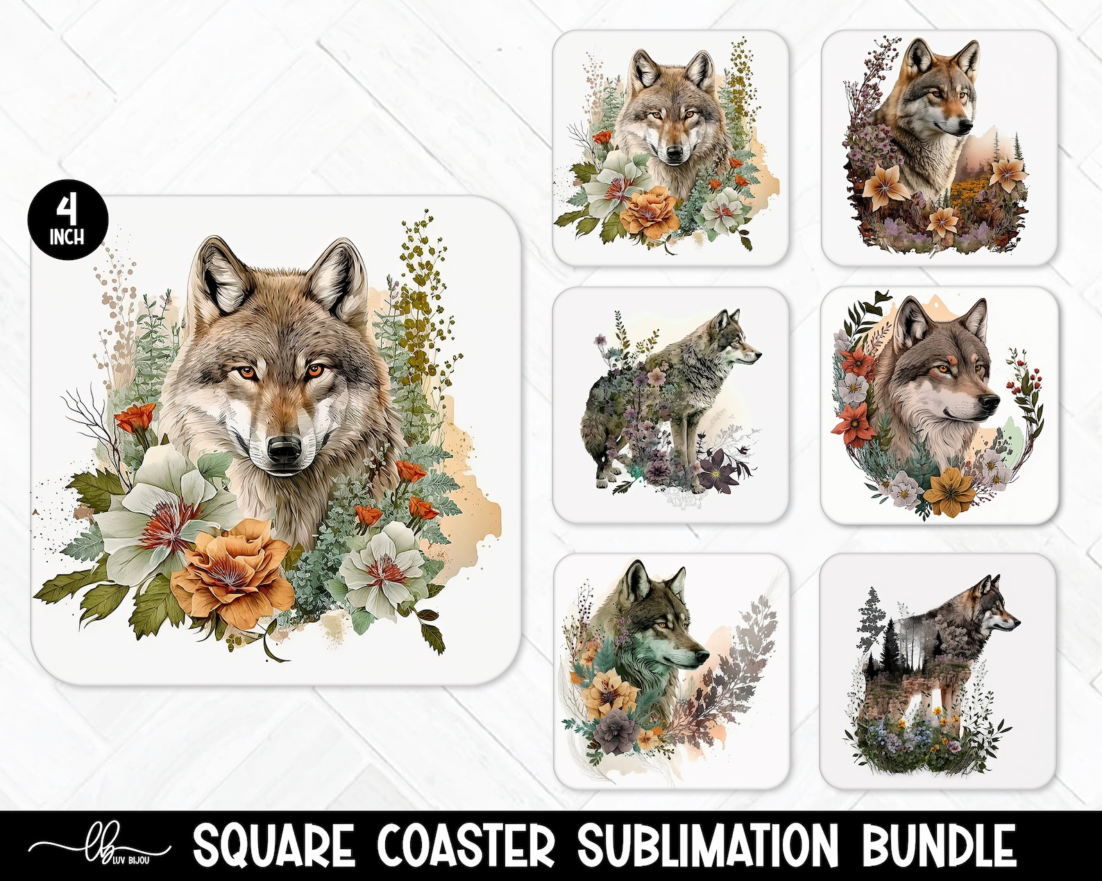 Wolf Square Coaster Sublimation Designs Printable Floral - Etsy