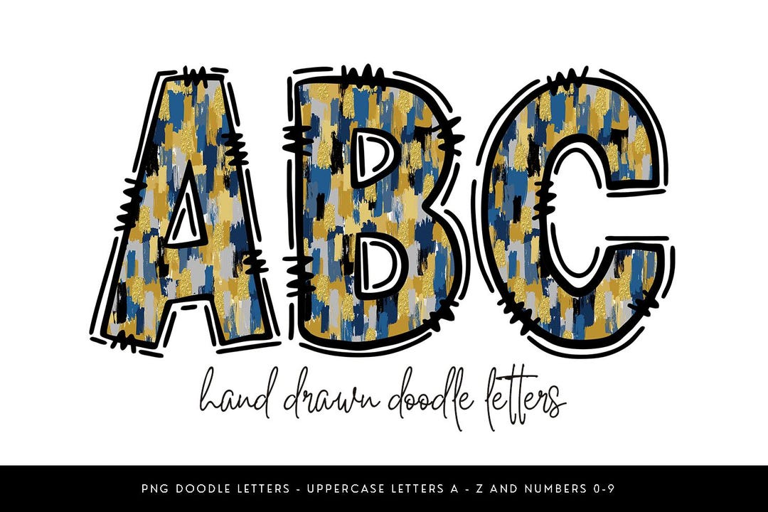 Blue & Gold Doodle Alphabet PNG: Brushstroke Letters Clipart (digital ...