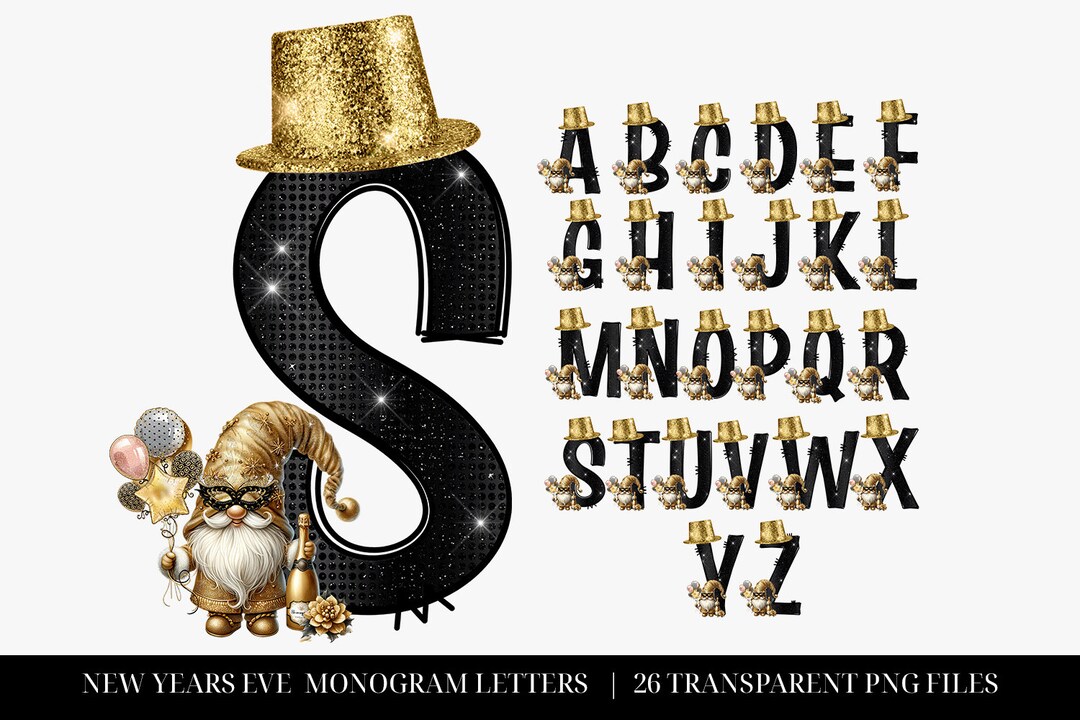 New Years Doodle Letters, Black & Gold Sublimation Alphabet, Gnome ...