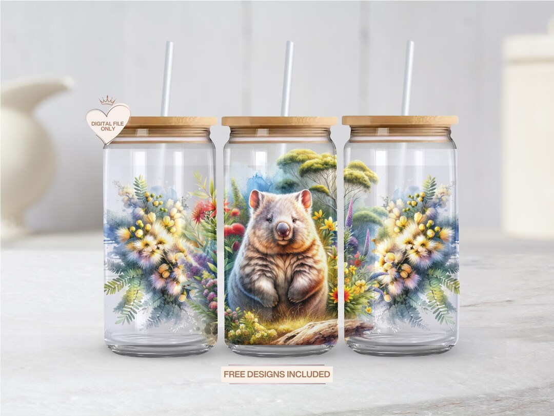 Floral Wombat Glass Can Wrap PNG: Sublimation Design (digital Download ...