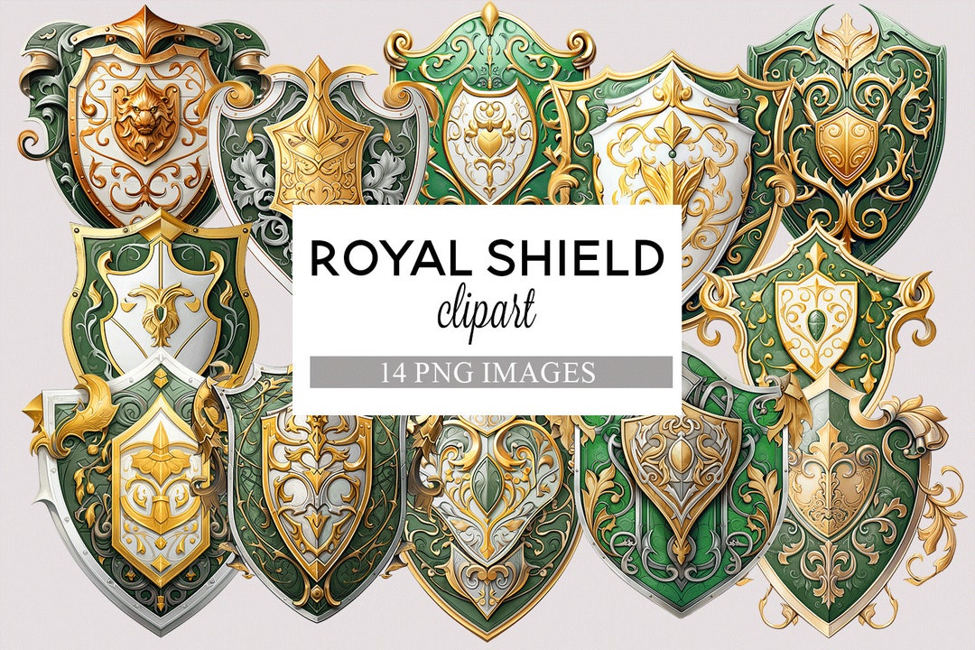Royal Shield Clipart, Green & Gold Shield Medieval Graphics Bundle ...