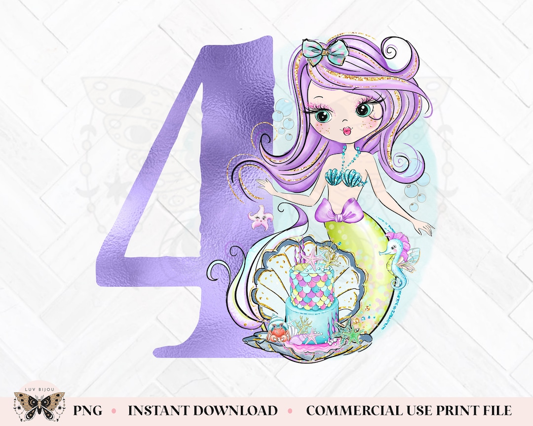 4th Birthday Mermaid PNG: Four Year Old T-shirt Design (digital ...