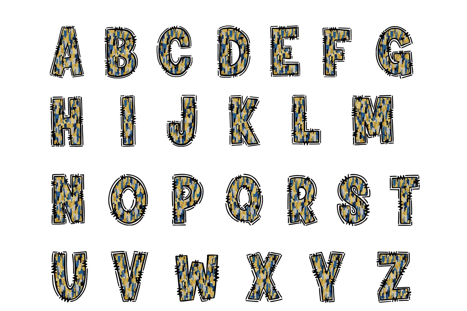 Blue & Gold Doodle Alphabet PNG: Brushstroke Letters Clipart (digital ...