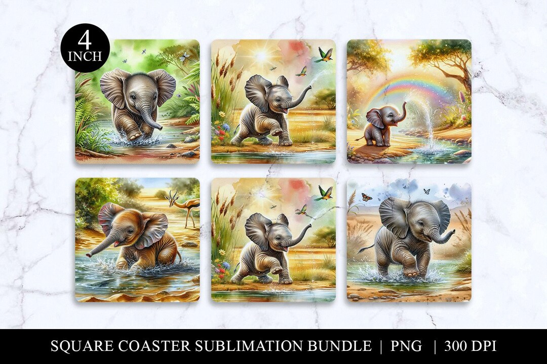 Baby Elephant Coaster Sublimation Designs: 4-inch Square PNG (digital ...