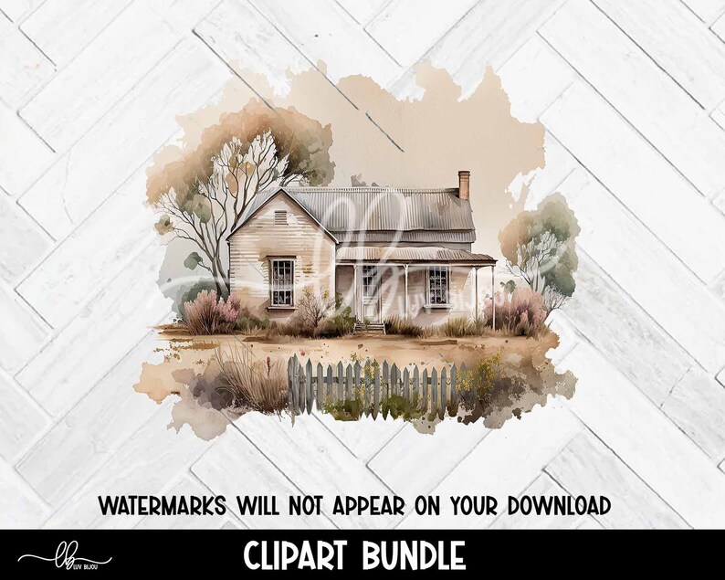 Watercolor Farmhouse Clipart: Rustic Cottagecore Illustrations (PNG ...