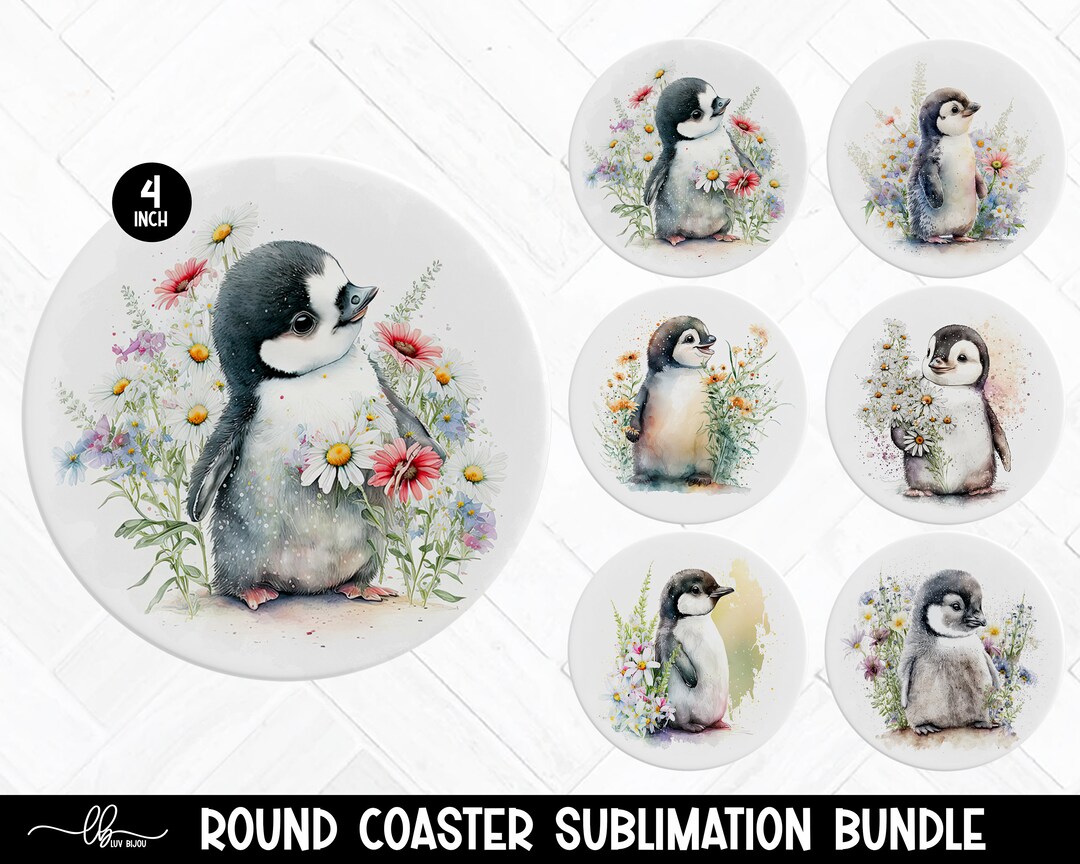 Car Coaster PNG Bundle, Watercolor Baby Penguins Coasters, Cute Artic ...