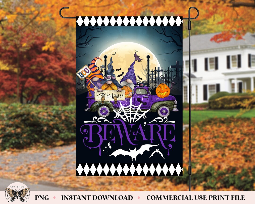 Halloween Gnomes & Purple Pickup Truck Checkerboard Pattern Garden Flag ...