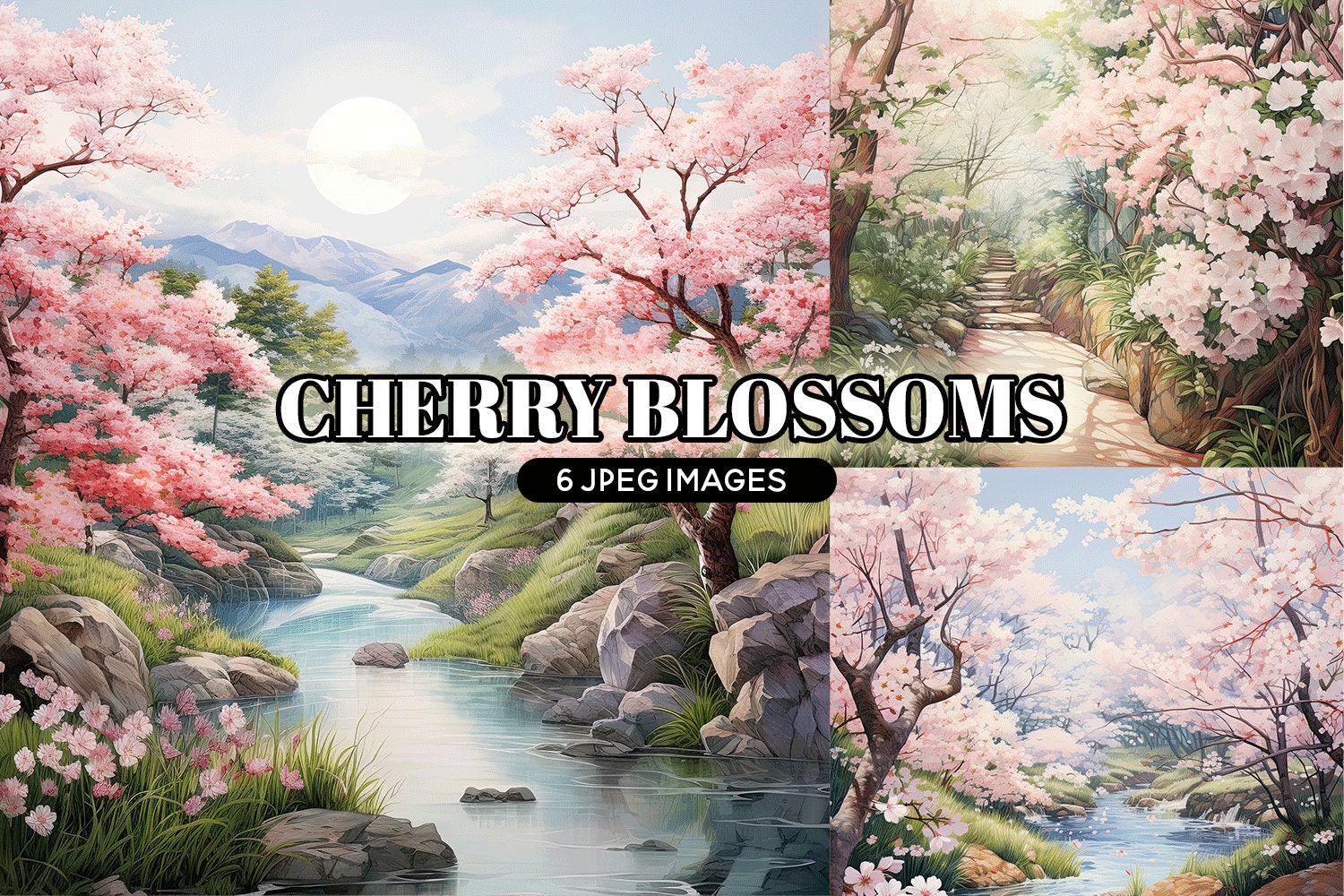 Watercolor Cherry Blossom Clipart: Spring Floral Landscape (digital ...