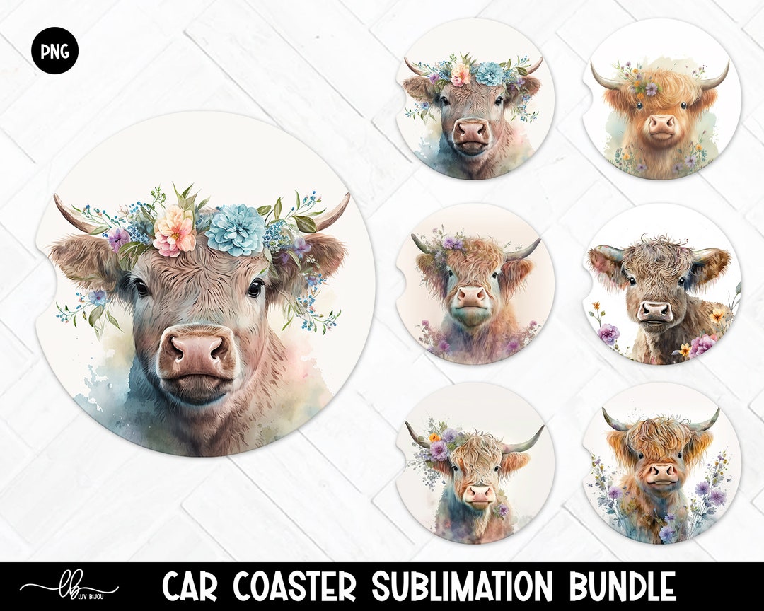Highland Cow Car Coaster PNG Bundle, Boho Cow Coasters, Watercolor Cows ...