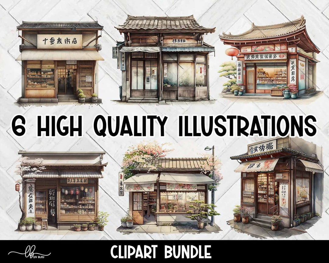 Japanese Shop Watercolor Clipart Bundle: Cozy Storefronts (digital ...