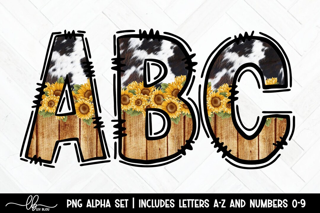 Cowhide Doodle Letters, Rustic Country Alpha Font, Sunflower ...