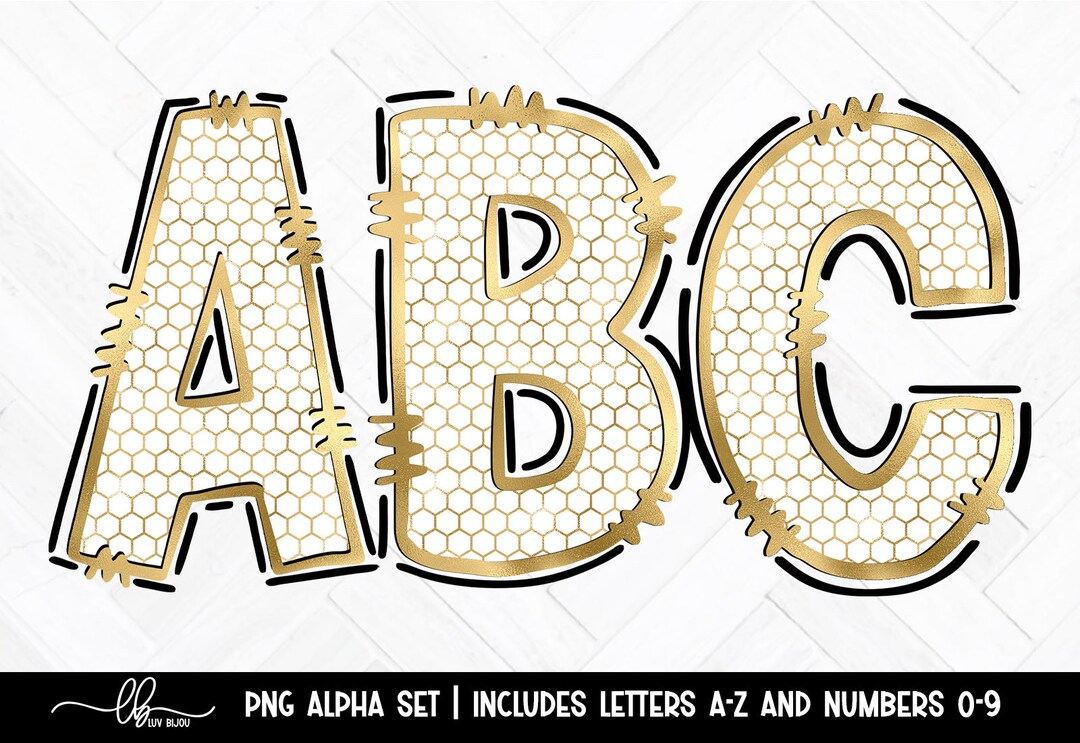 White & Gold Honeycomb Doodle Alpha, PNG Alphabet Letters Bundle ...