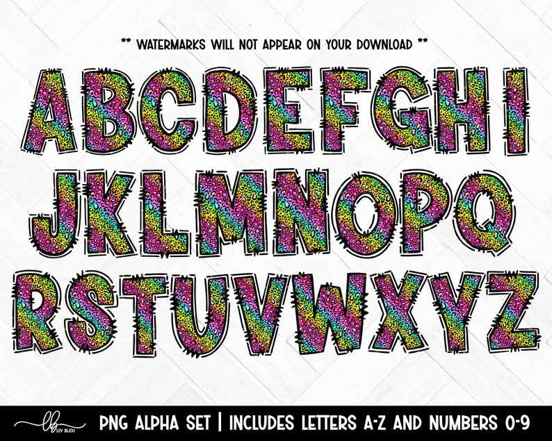 Rainbow Leopard Print Doodle Letters: A-Z PNG Alphabet (digital ...