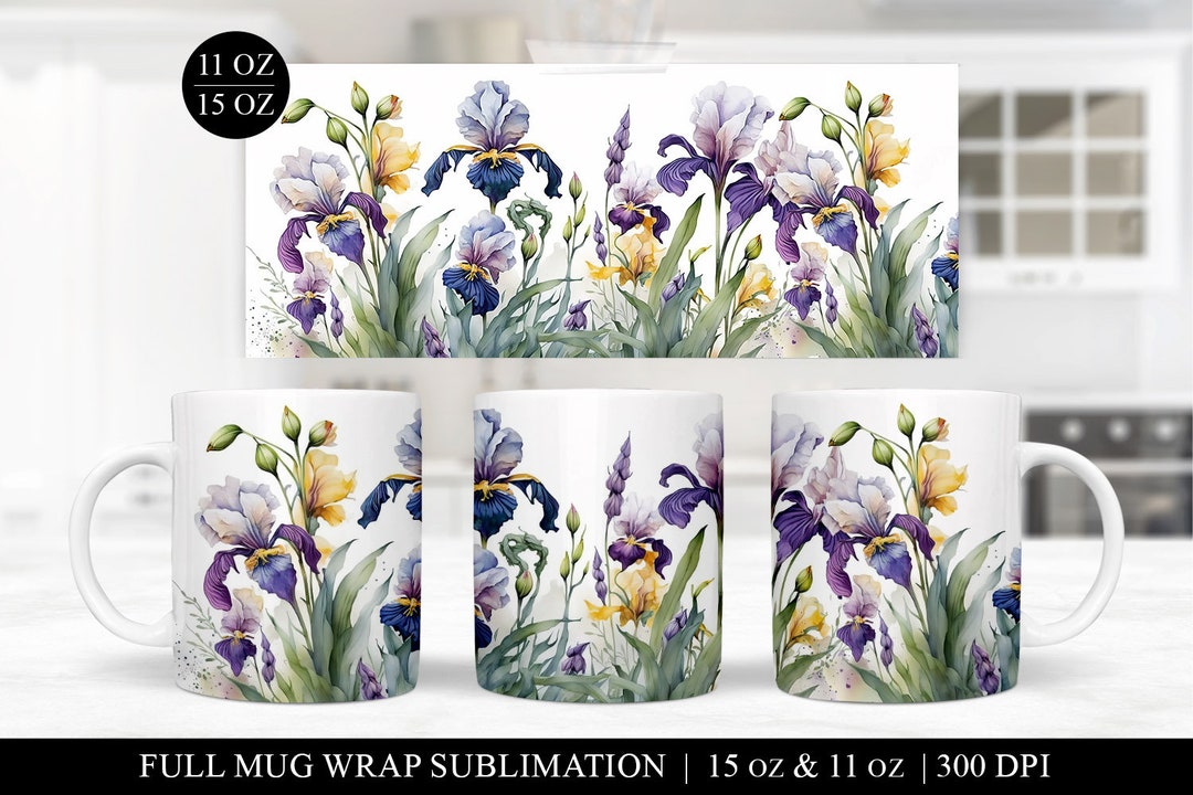 Iris Mug Png, Floral Coffee Mug Sublimation, Earthy Boho Flower Border ...