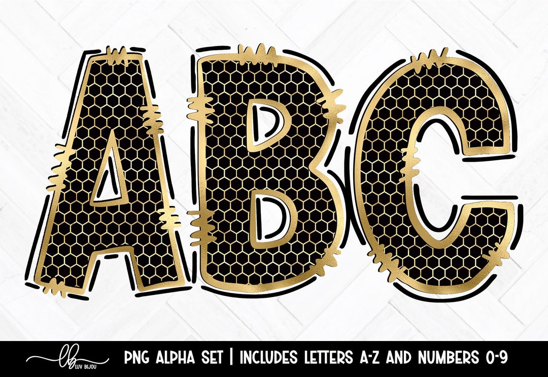 Black & Gold Honeycomb Doodle Alpha, PNG Alphabet Letters Bundle ...