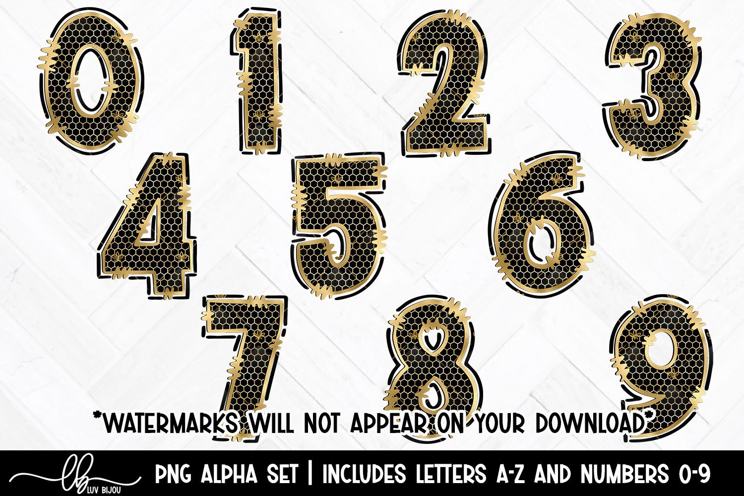 Black & Gold Honeycomb Doodle Alpha, PNG Alphabet Letters Bundle ...