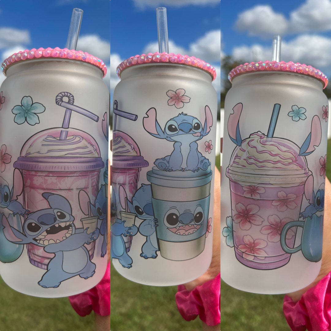 Cute Pink Stitch Frappe Coffee Beer Can Glass Cup, Rhinestone Lids ...